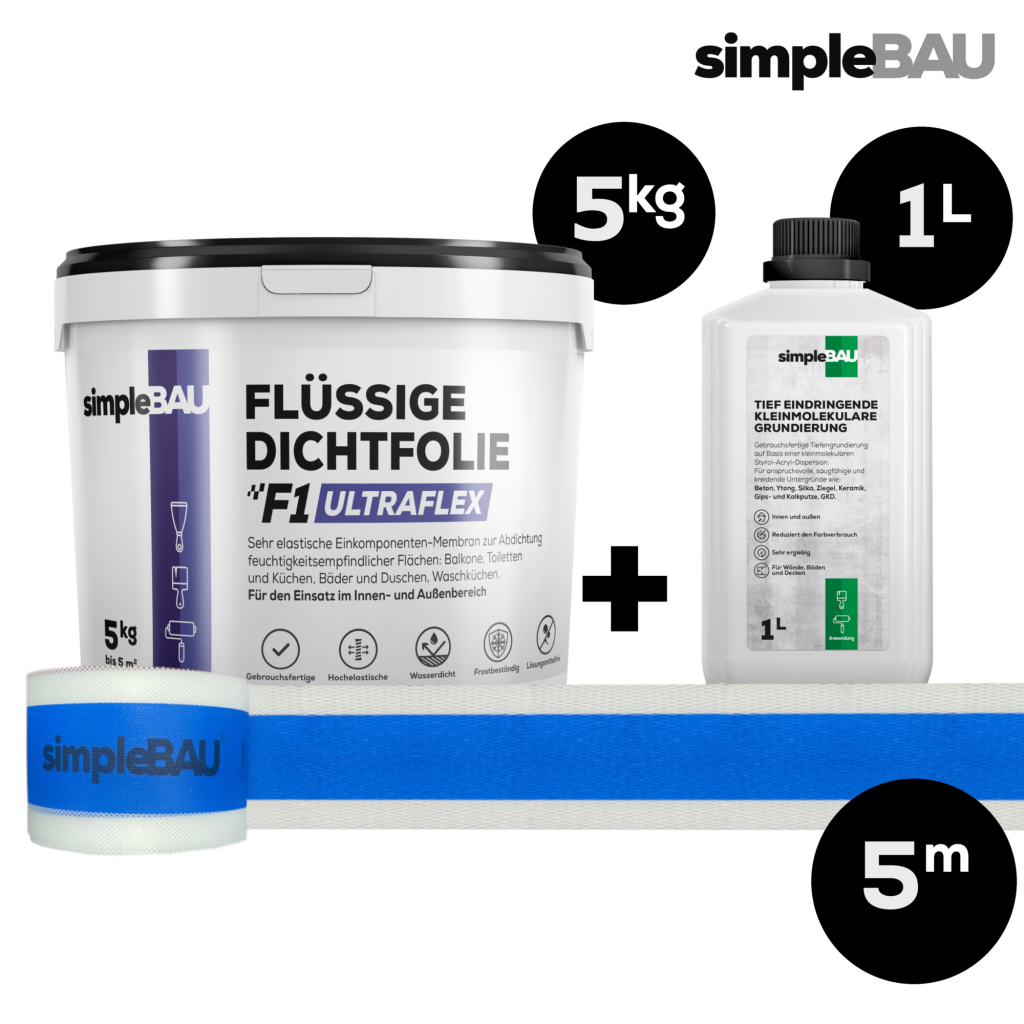 FLÜSSIGE DICHTFOLIE F1 ULTRAFLEX 5KG + TF 1L + DICHTBAND 5M - simpleBAU